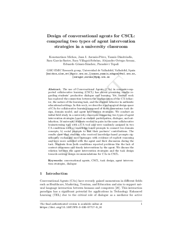 (PDF) Design of Conversational Agents for CSCL: Comparing Two Types of ...