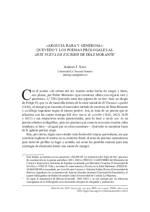 (PDF) «Argucia rara y generosa»: Quevedo y los poemas prologales al ...