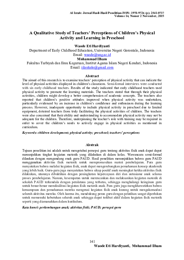 (PDF) A Qualitative Study of Teachers’ Perceptions of Children’s Physical Activity and Learning ...
