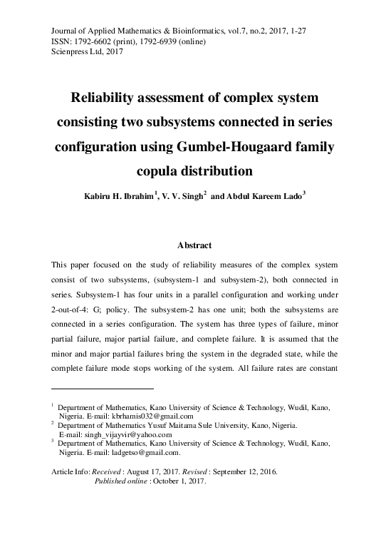 (PDF) Reliability assessment of complex system consisting two subsystems connected in series ...