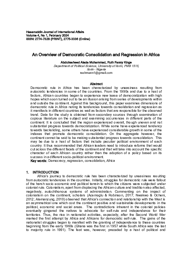 (PDF) An Overview of Democratic Consolidation and Regression in Africa