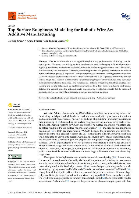 (PDF) Top Surface Roughness Modeling for Robotic Wire Arc Additive ...