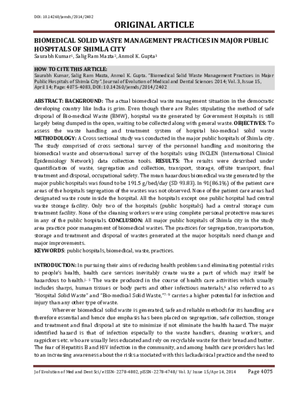 (PDF) Biomedical Solid Waste Management Practices in Major Public ...