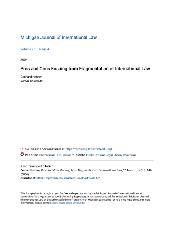 (PDF) Pros and Cons Ensuing from Fragmentation of International Law
