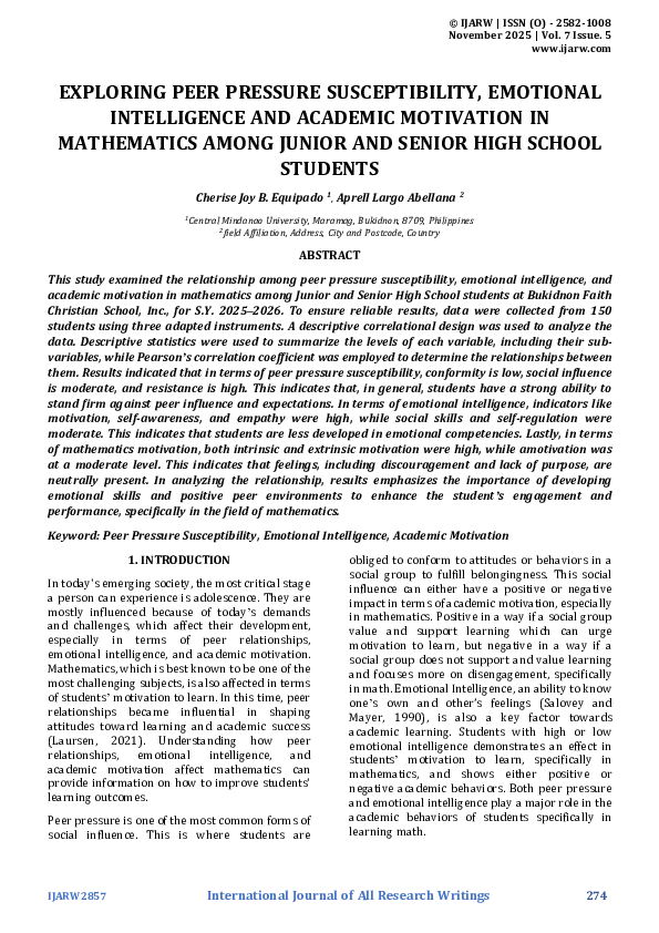 (PDF) EXPLORING PEER PRESSURE SUSCEPTIBILITY, EMOTIONAL INTELLIGENCE ...