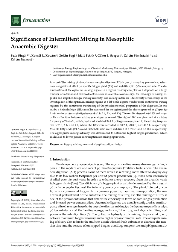 (PDF) Significance of Intermittent Mixing in Mesophilic Anaerobic Digester