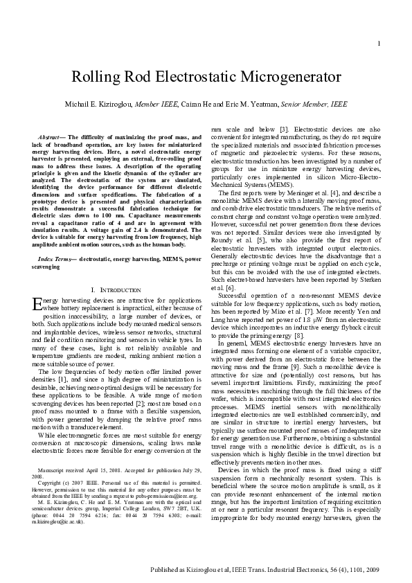 (PDF) Rolling Rod Electrostatic Microgenerator