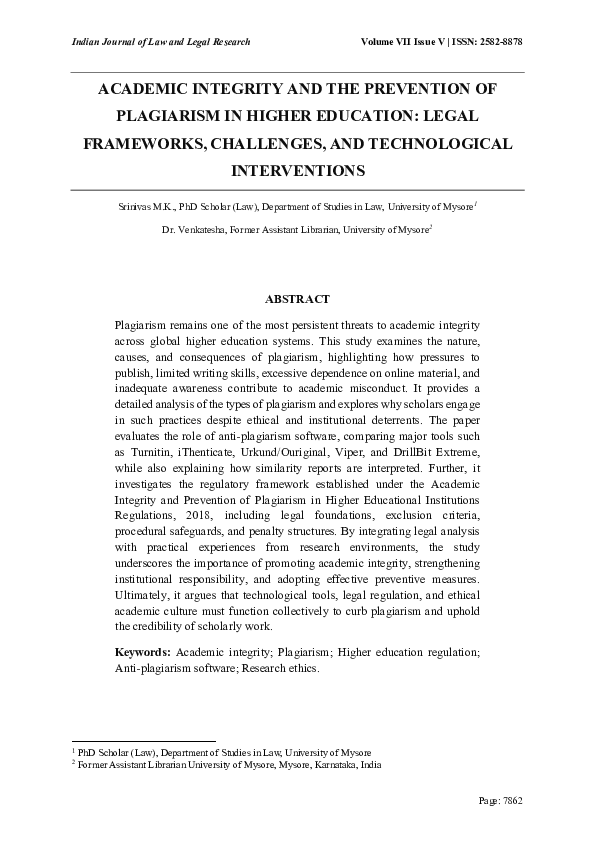 (PDF) ACADEMIC INTEGRITY AND THE PREVENTION OF PLAGIARISM IN HIGHER EDUCATION: LEGAL FRAMEWORKS ...