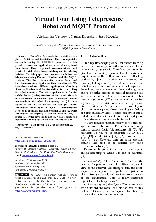 (PDF) Virtual Tour Using Telepresence Robot and MQTT Protocol