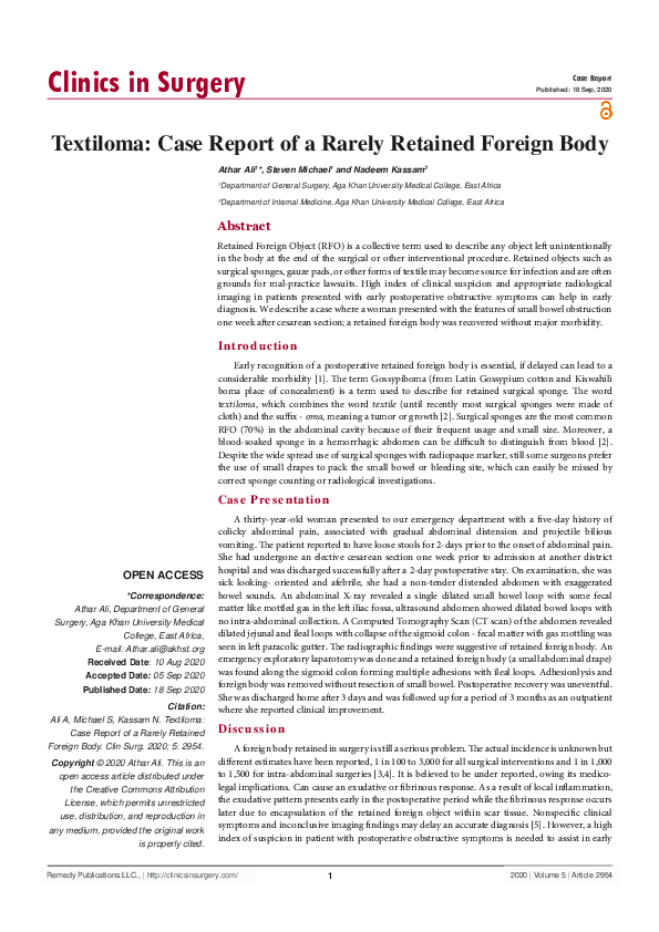 (PDF) Textiloma: Case Report of a Rarely Retained Foreign Body