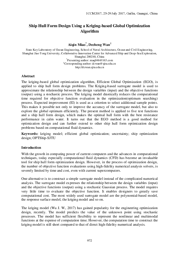 (PDF) Ship Hull Form Design Using a Kriging-based Global Optimization ...
