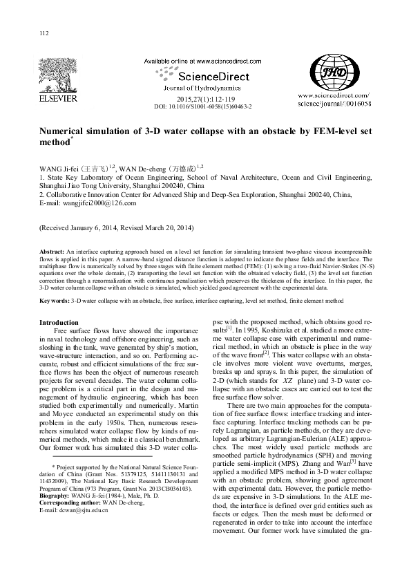 (PDF) Numerical simulation of 3-D water collapse with an obstacle by ...