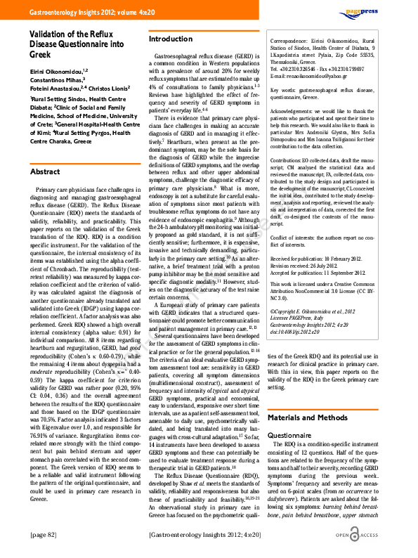 (PDF) Validation of the Reflux Disease Questionnaire into Greek