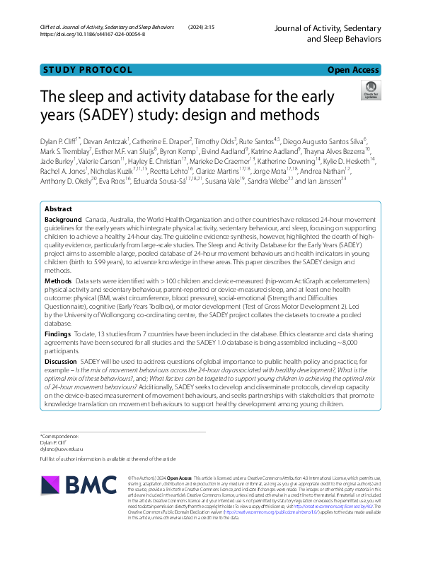 (PDF) The sleep and activity database for the early years (SADEY) study ...