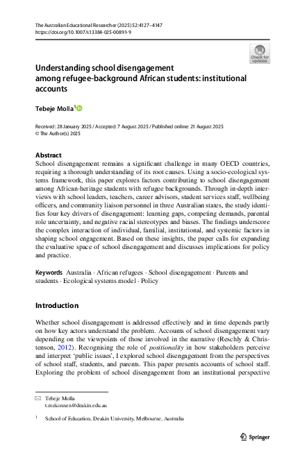 (PDF) Understanding school disengagement among refugee-background ...
