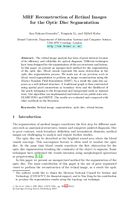 (PDF) MRF Reconstruction of Retinal Images for the Optic Disc Segmentation