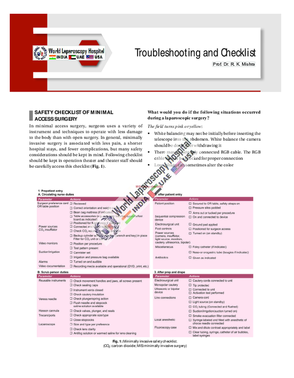 (PDF) Troubleshooting and Checklist SAFETY CHECKLIST OF MINIMAL ACCESS SURGERY