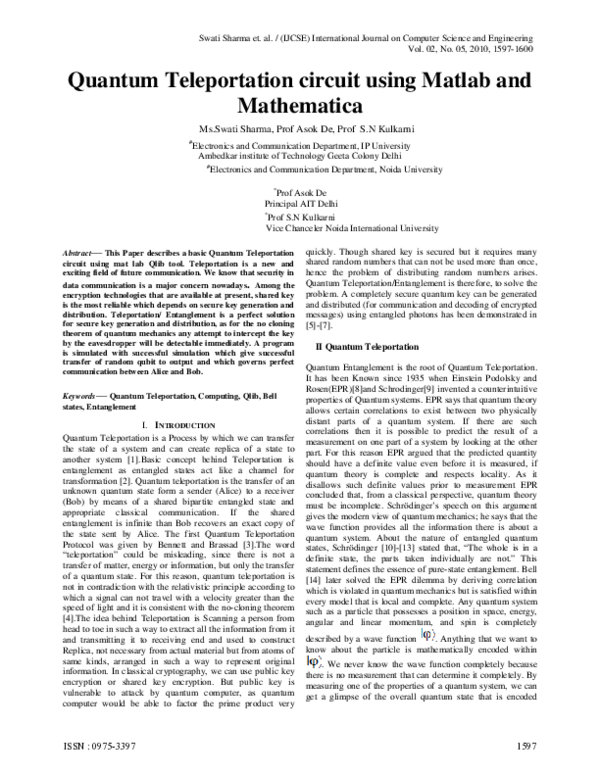 (PDF) Quantum Teleportation circuit using Matlab and Mathematica