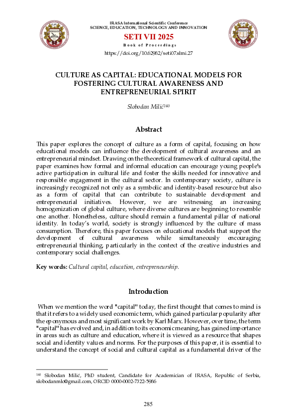 (PDF) CULTURE AS CAPITAL: EDUCATIONAL MODELS FOR FOSTERING CULTURAL ...