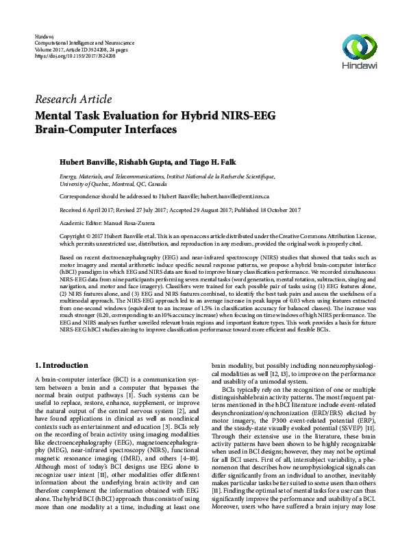 (PDF) Mental Task Evaluation for Hybrid NIRS-EEG Brain-Computer Interfaces