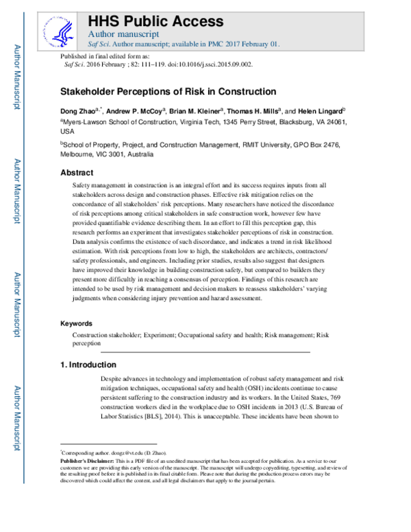 (PDF) Stakeholder perceptions of risk in construction