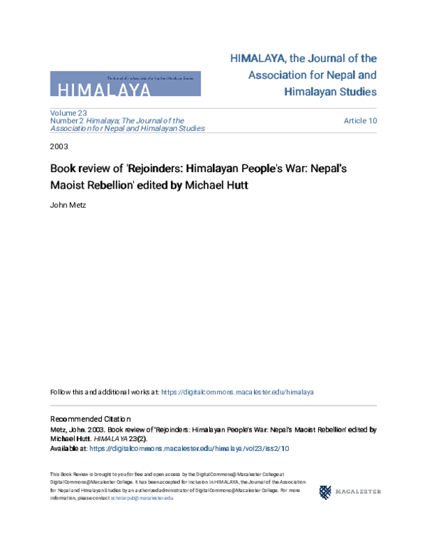 (PDF) Books, Reviews, Rejoinders: Himalayan People's War: Nepal's ...