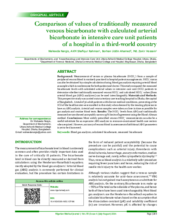 (PDF) Comparison of values of traditionally measured venous bicarbonate ...