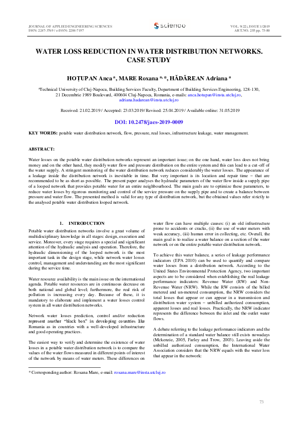 (PDF) Water Loss Reduction in Water Distribution Networks. Case Study