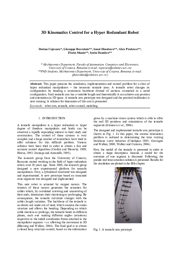 (PDF) 3D Kinematics Control for a Hyper Redundant Robot