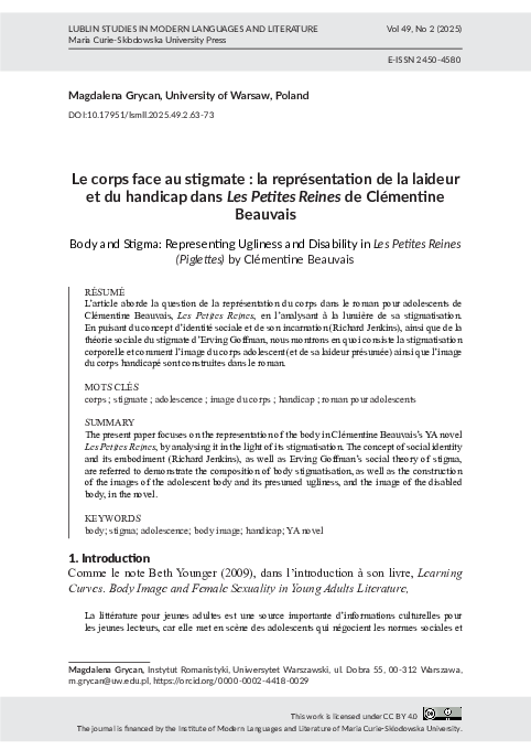 (PDF) Le corps face au stigmate : la représentation de la laideur et du ...