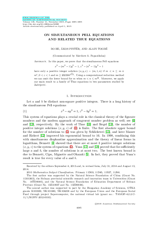Pdf On Simultaneous Pell Equations And Related Thue Equations