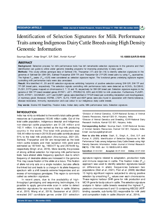 (PDF) Identification of Selection Signatures for Milk Performance ...