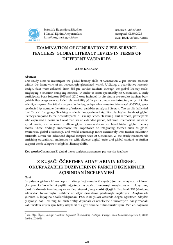 (PDF) EXAMINATION OF GENERATION Z PRE-SERVICE TEACHERS' GLOBAL LITERACY ...