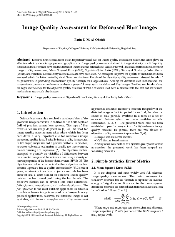 (PDF) Image Quality Assessment for Defocused Blur Images