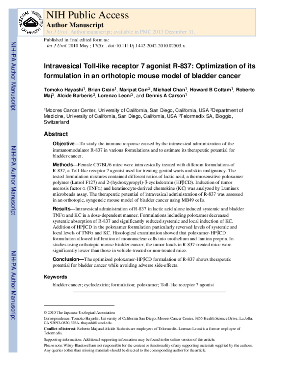 (PDF) Intravesical Toll-like receptor 7 agonist R-837: Optimization of ...
