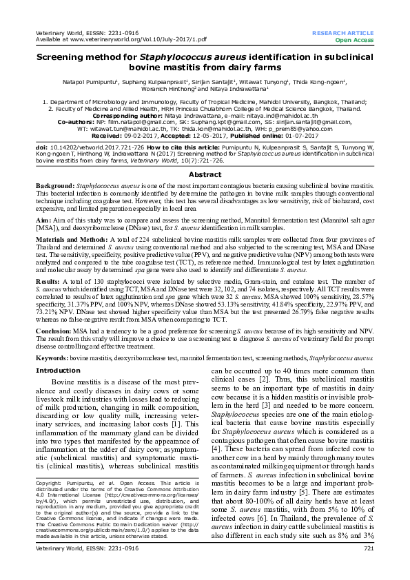 (PDF) Screening method for Staphylococcus aureus identification in ...