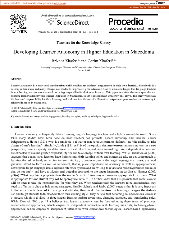 (PDF) Developing Learner Autonomy in Higher Education in Macedonia