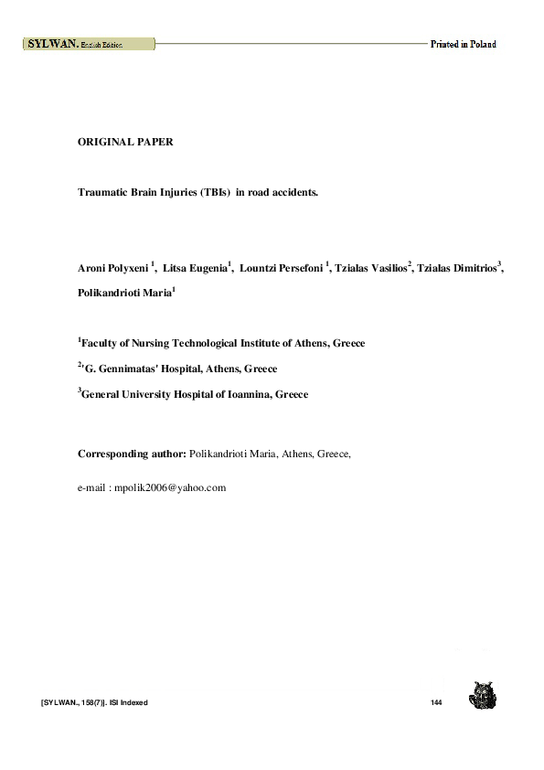 (PDF) Traumatic Brain Injuries (TBIs) in road accidents