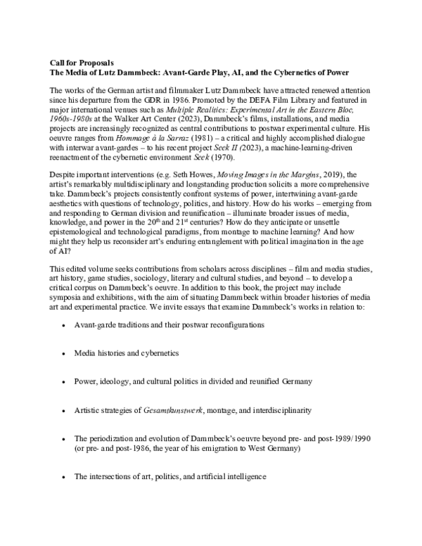 (PDF) Call for Proposals: The Media of Lutz Dammbeck: Avant-Garde Play ...