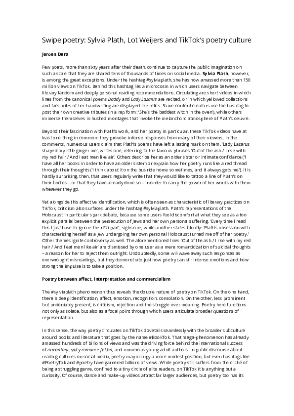 (PDF) Swipe poetry: Sylvia Plath, Lot Weijers and TikTok's poetry culture