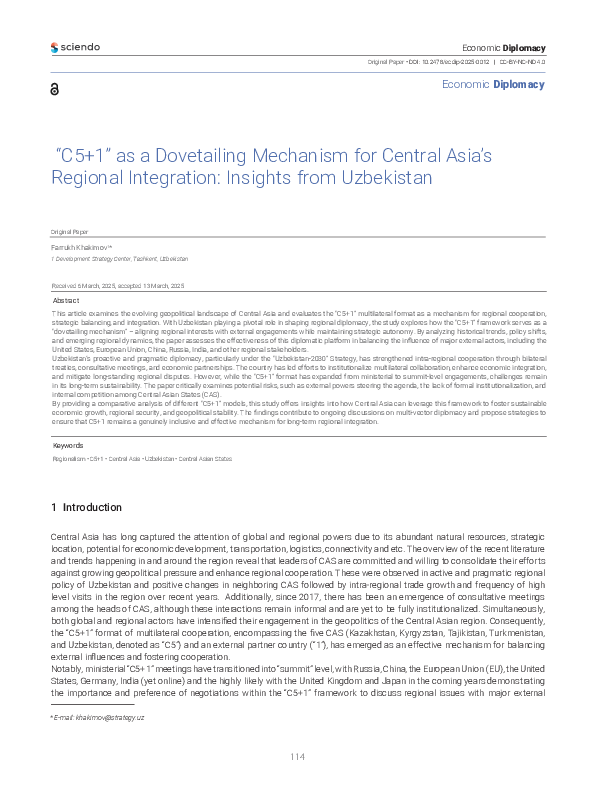 (PDF) “C5+ 1” as a Dovetailing Mechanism for Central Asia’s Regional ...