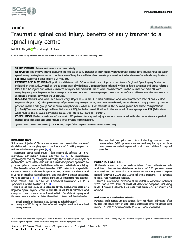 (PDF) Traumatic spinal cord injury, benefits of early transfer to a ...