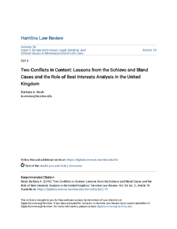 (PDF) Two Conflicts in Context: Lessons from the Schiavo and Bland ...