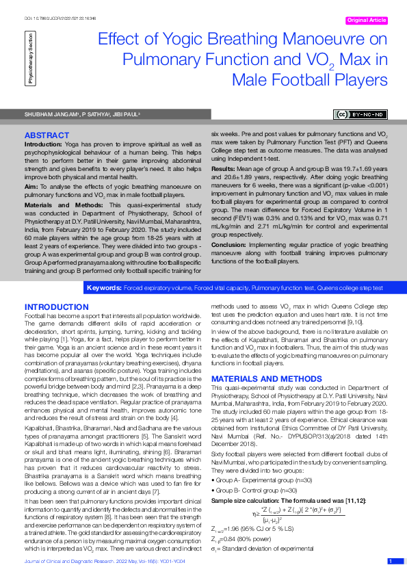 (PDF) Effect of Yogic Breathing Manoeuvre on Pulmonary Function and VO2 ...