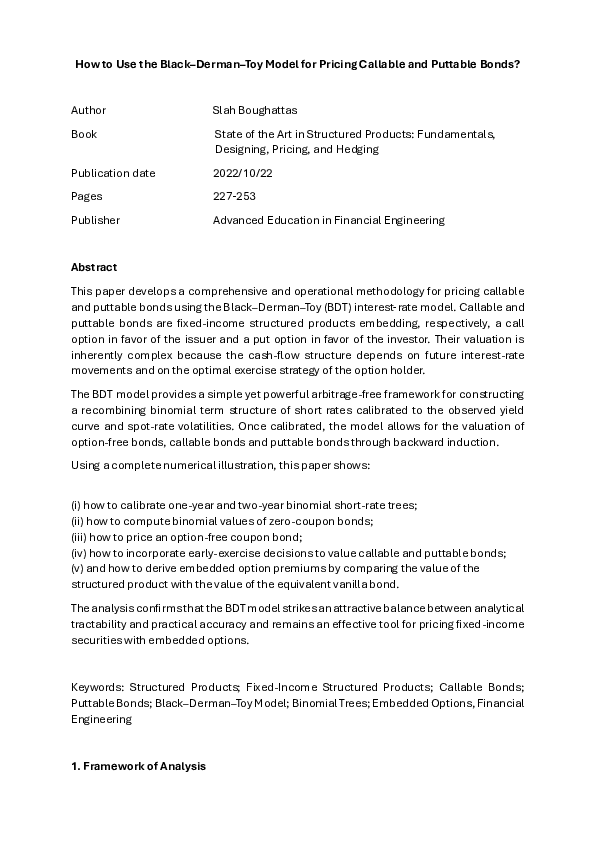 (PDF) How to Use the Black-Derman-Toy Model for Pricing Callable and ...