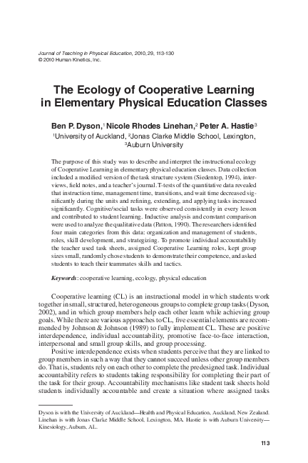(PDF) The Ecology of Cooperative Learning in Elementary Physical ...
