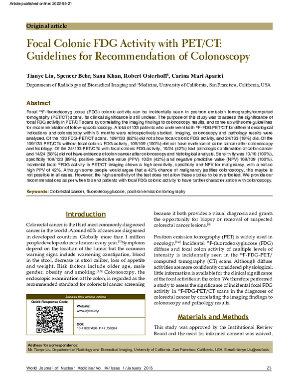 (PDF) Focal Colonic FDG Activity with PET/CT: Guidelines for ...
