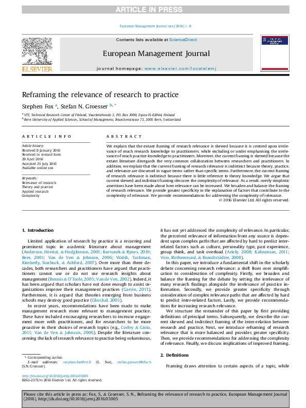 (PDF) Reframing the relevance of research to practice