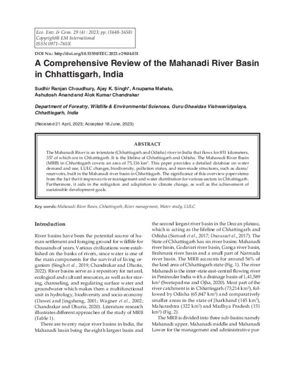 (PDF) A Comprehensive Review of the Mahanadi River Basin in ...