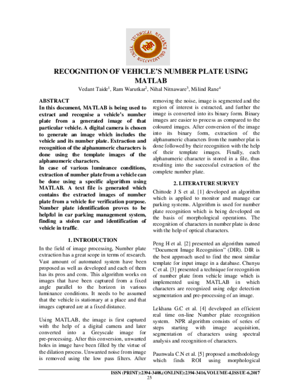 (PDF) Recognition of Vehicle's Number Plate Using Matlab